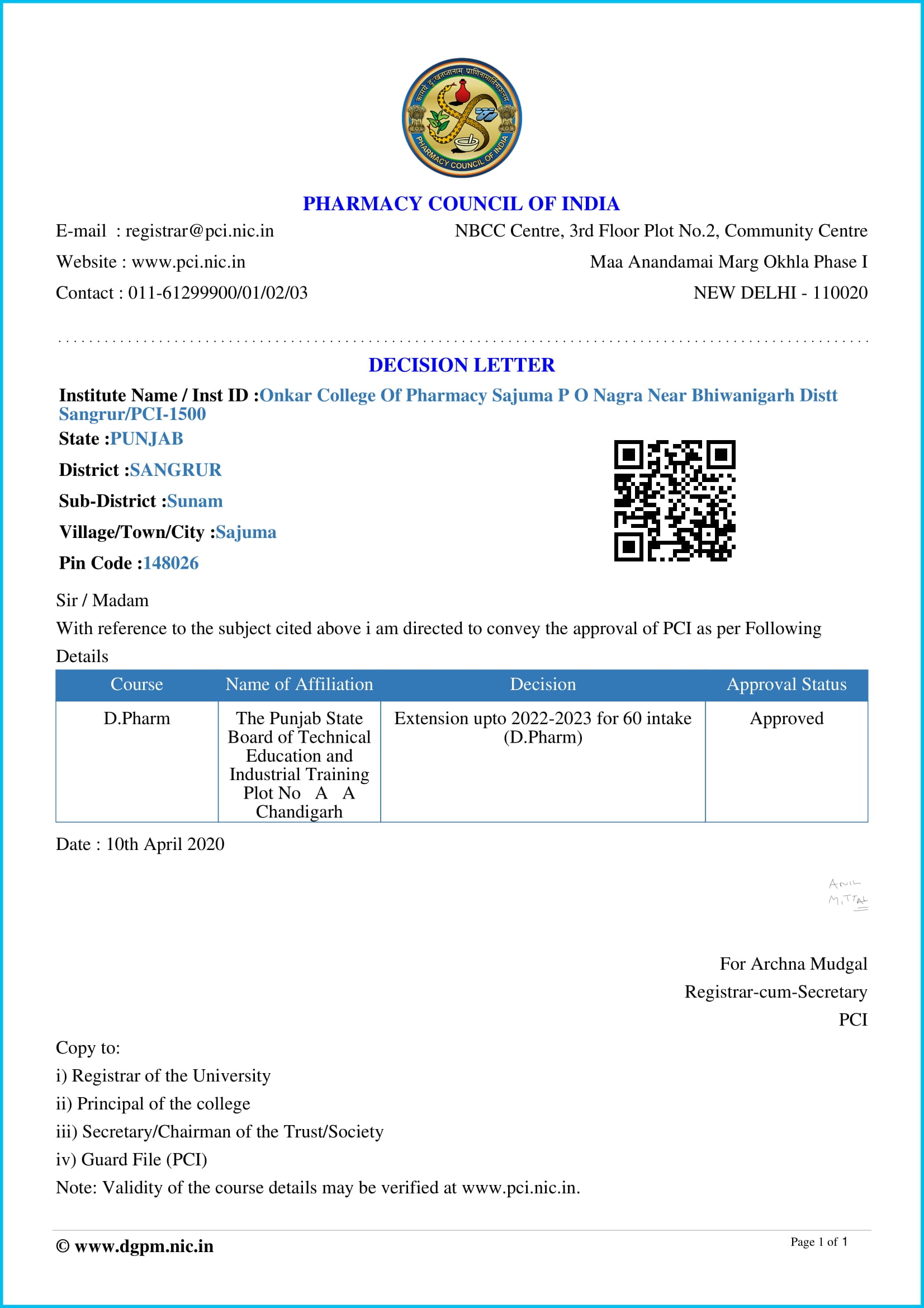 full - PCI Approval Letter Upto 2022-23